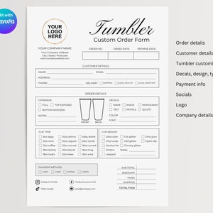 Editable Tumbler Order Form Template, Custom Order Form, Printable Cup ...