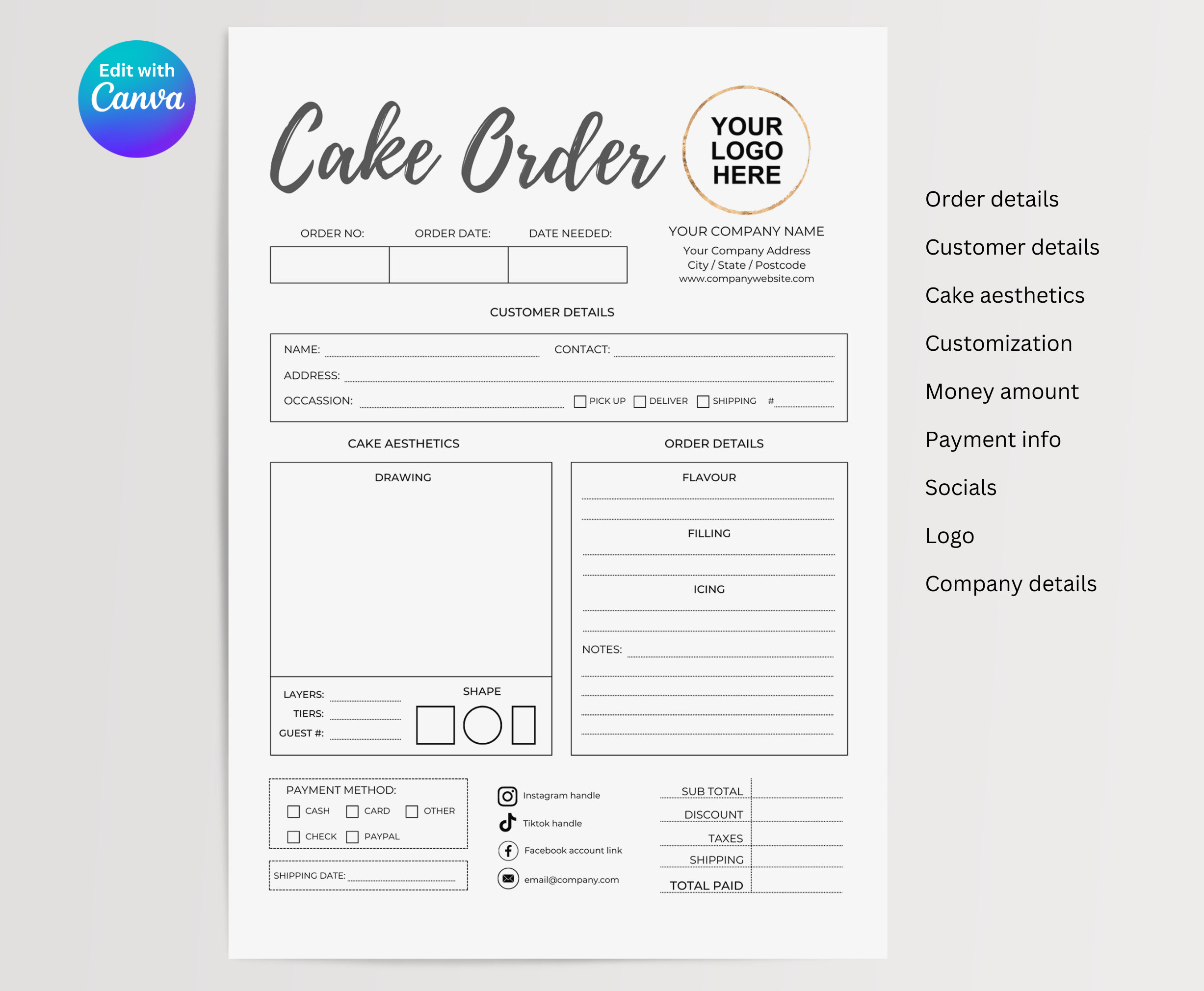 Cake Order Form Editable Template, Bakery Order Form, Small Business ...