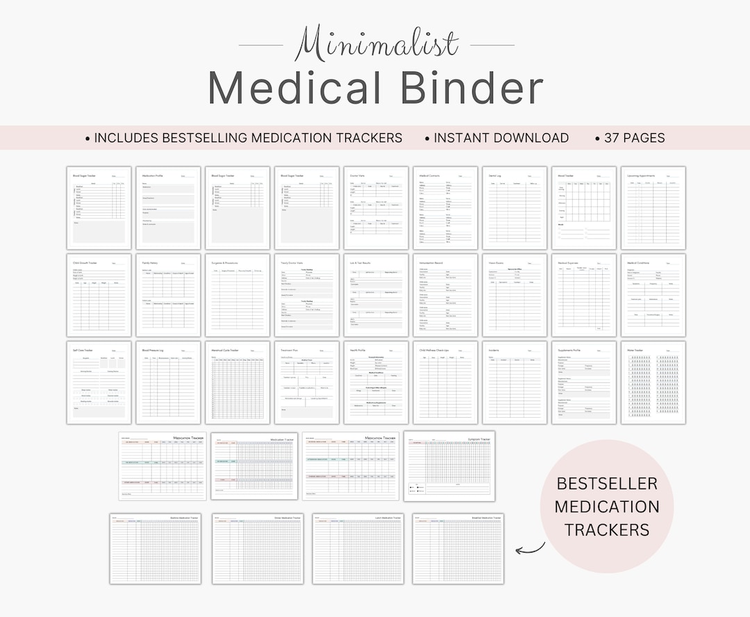 Medical Binder Printable, Medication Tracker Bundle, Blood Pressure Log ...