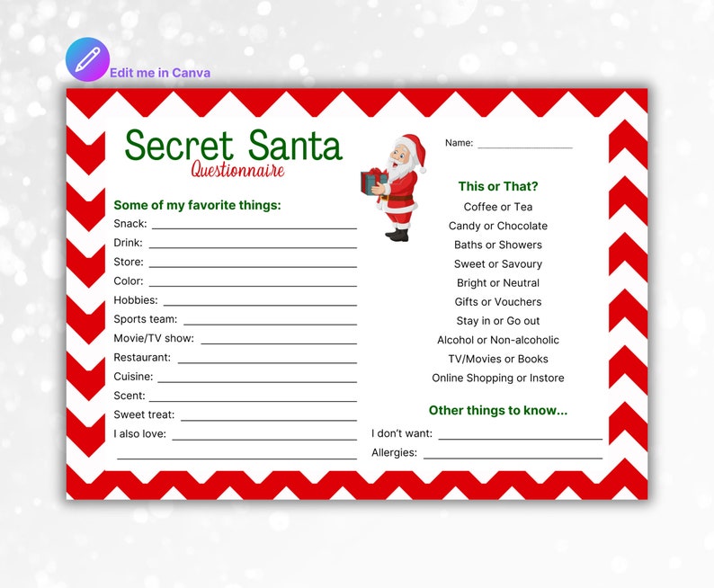 Secret Santa Questionnaire, Gift Exchange, White Elephant, Office Party ...