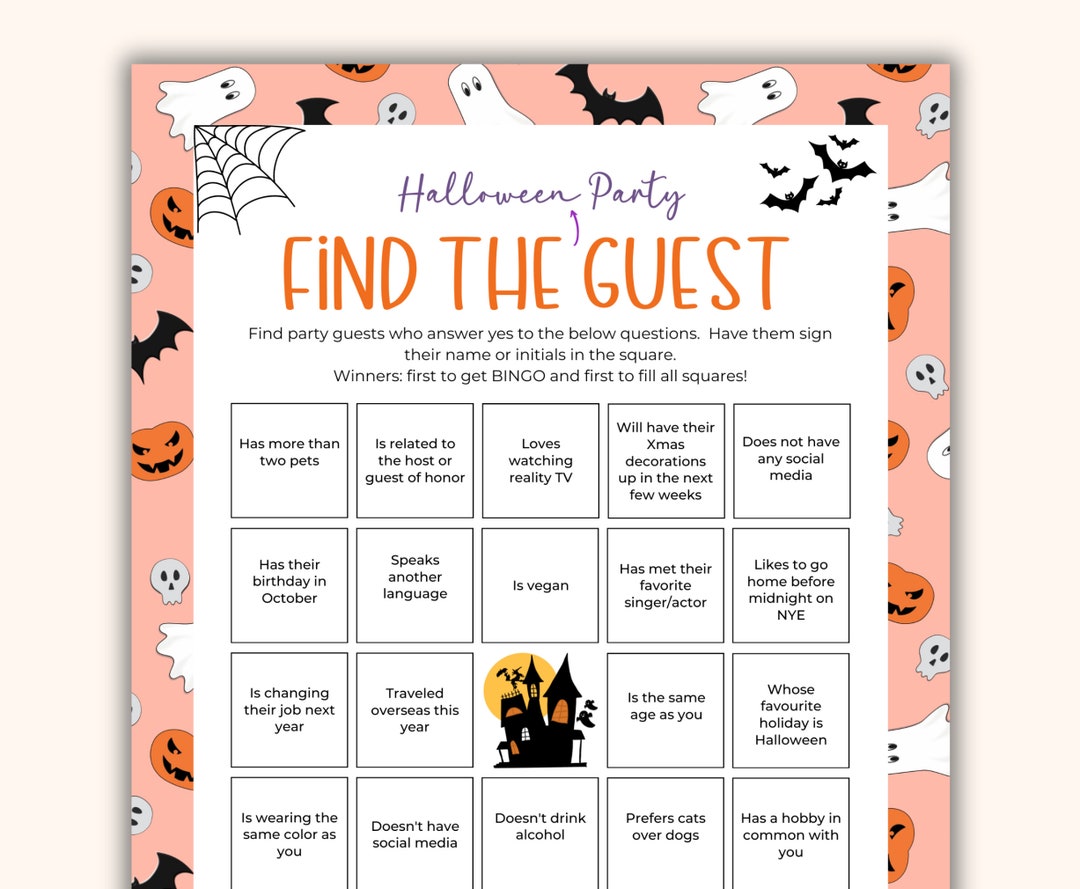 Find the Guest Bingo, Find the Guest Halloween Party Game, Guess the ...