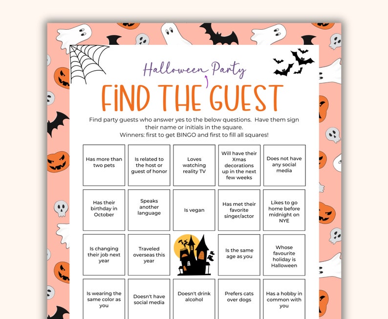Find the Guest Bingo, Find the Guest Halloween Party Game, Guess the ...