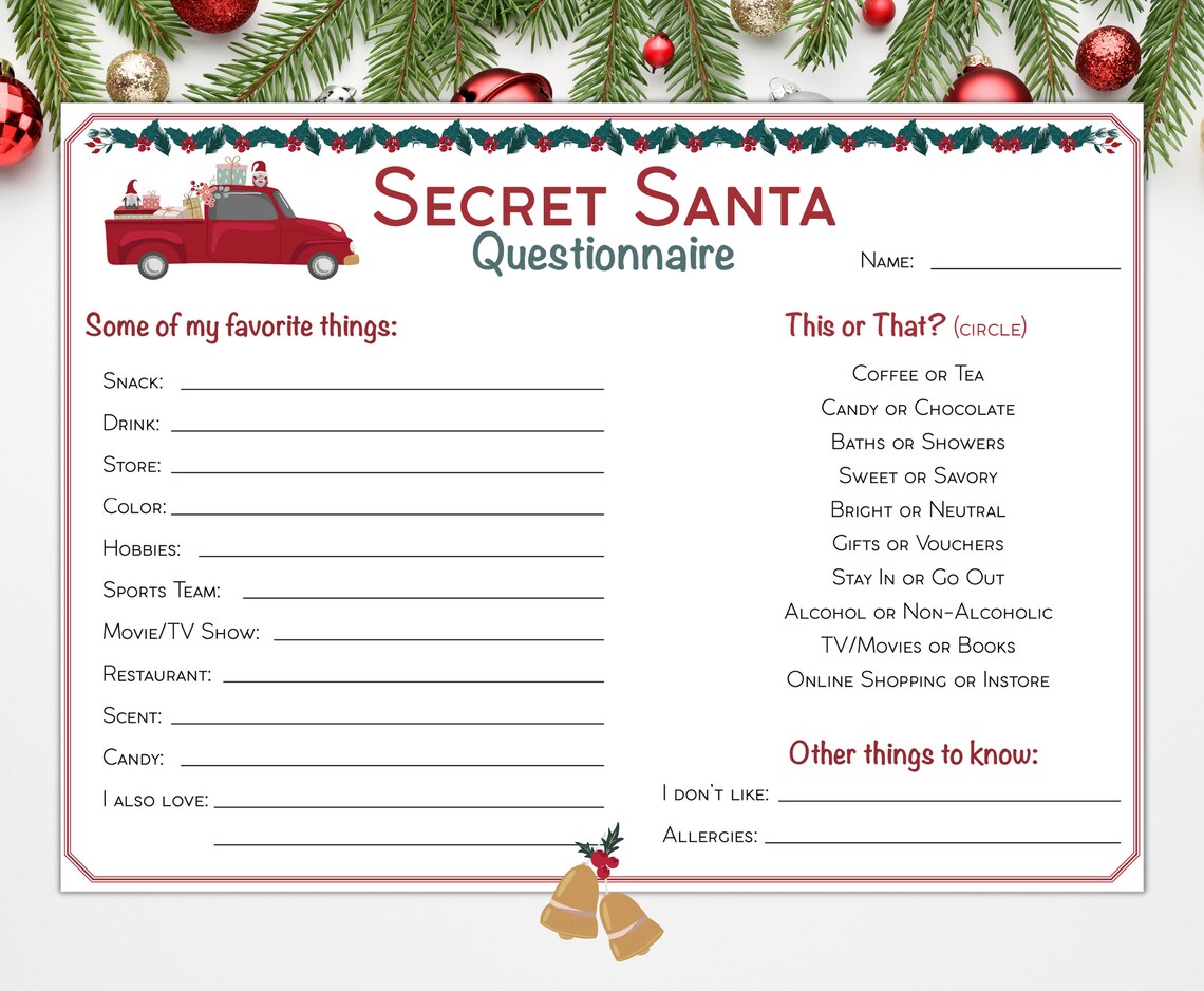 Secret Santa Questionnaire Gift Exchange White Elephant - Etsy