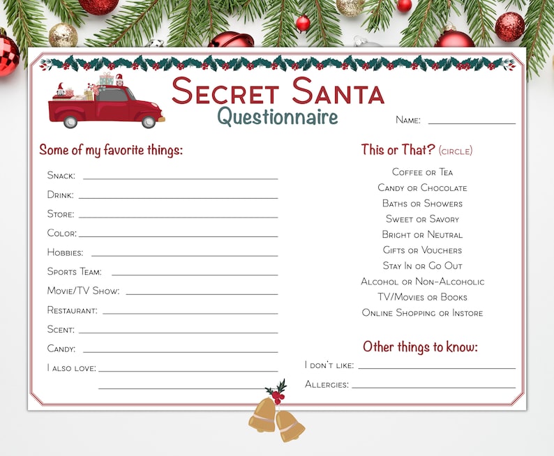 Secret Santa Questionnaire Gift Exchange White Elephant - Etsy