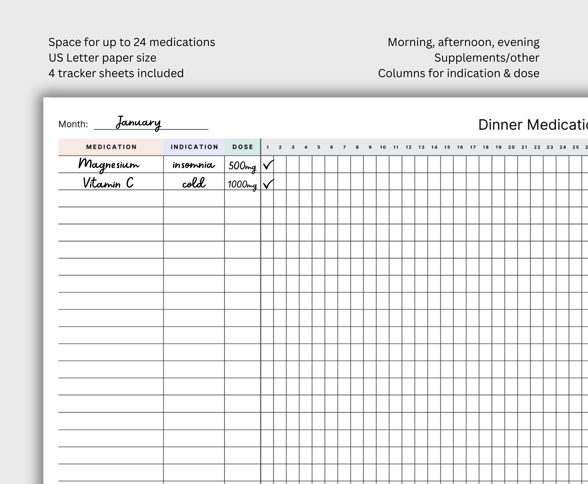 Monthly Medication Tracker for Breakfast Lunch Dinner & Supplements ...