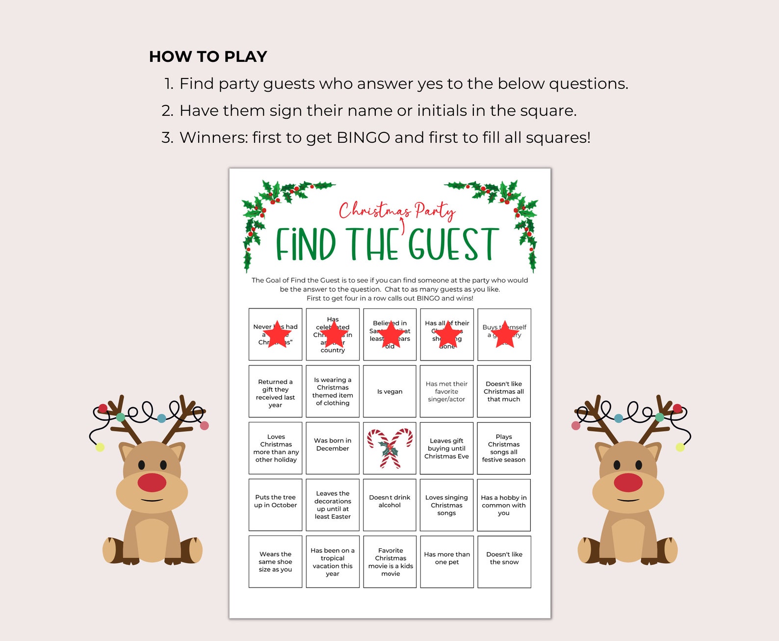 Find the Guest Christmas Game, Find the Guest Bingo, Christmas Party ...