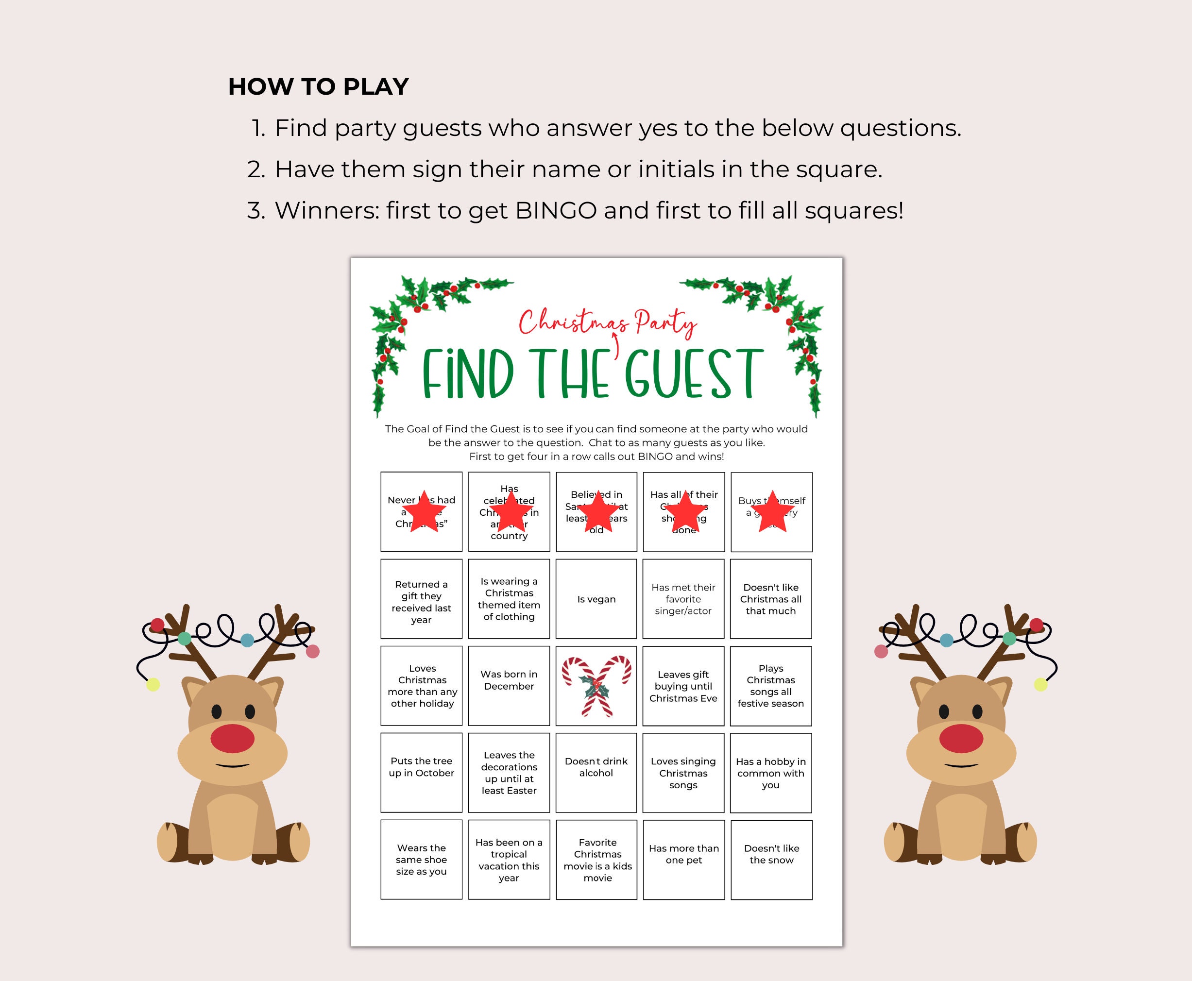 Find the Guest Christmas Game, Find the Guest Bingo, Christmas Party ...