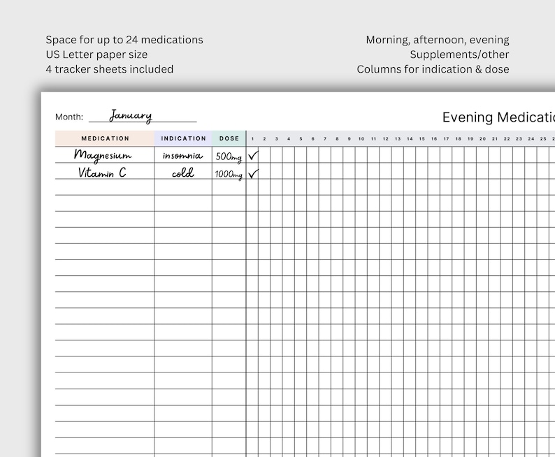 Monthly Medication Tracker for Morning, Afternoon, Evening ...