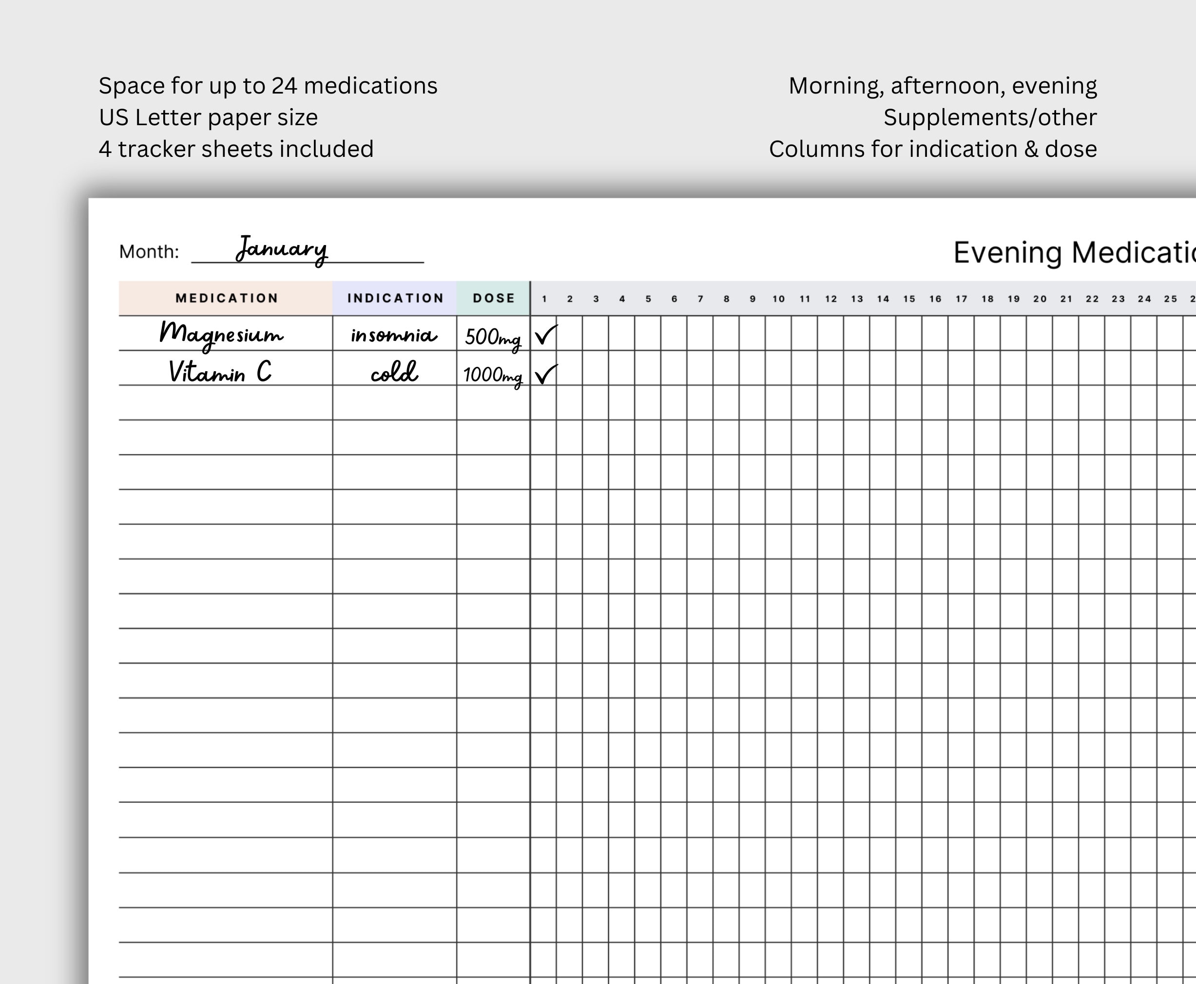 Monthly Medication Tracker for Morning, Afternoon, Evening ...