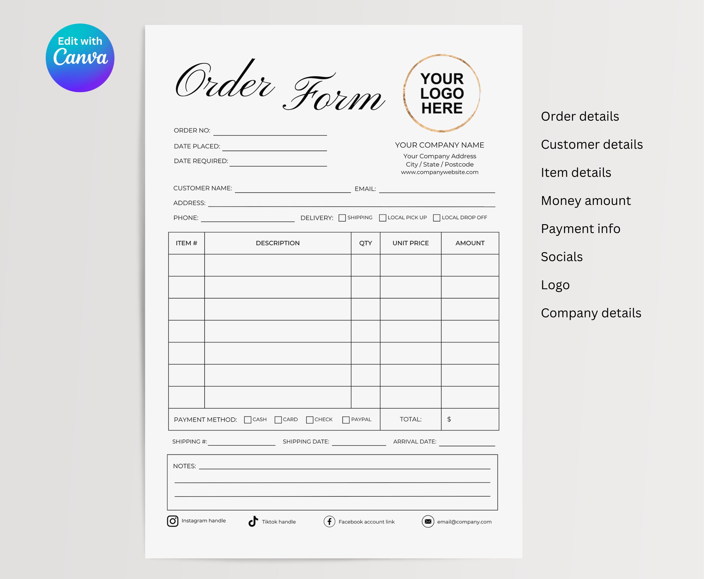 Custom Order Form Editable Template, Printable Invoice Template, Small ...
