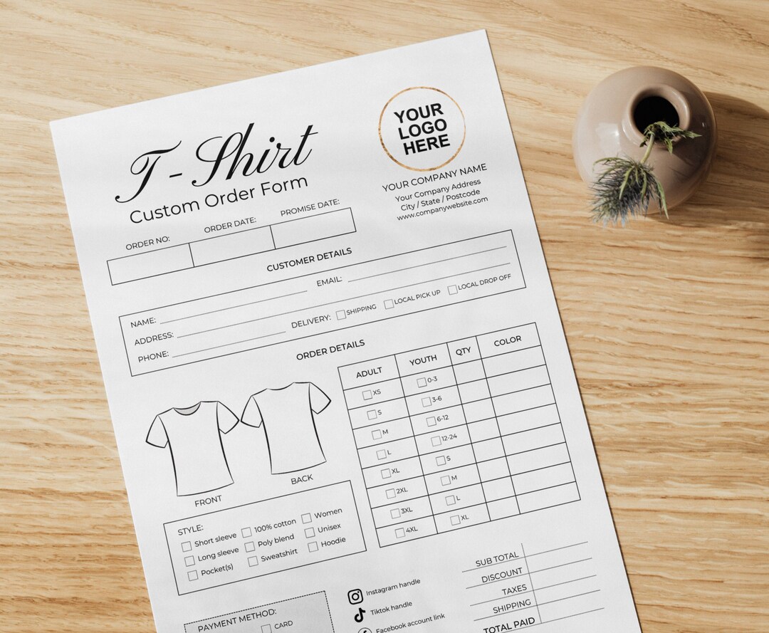 Tshirt Order Form Editable Template, Shirt Order Form, Custom Order ...