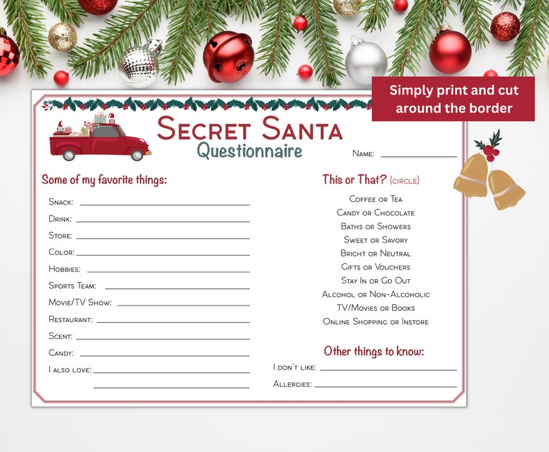 Secret Santa Questionnaire Gift Exchange White Elephant - Etsy