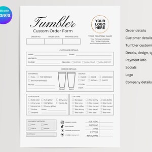 Tumbler Order Form Editable Template, Custom Order Form, Small Business ...
