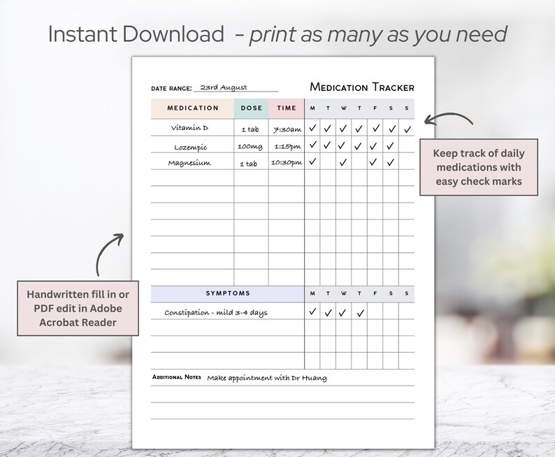 Medication Tracker, Symptom Tracker, Medicine Log, Printable Medication ...