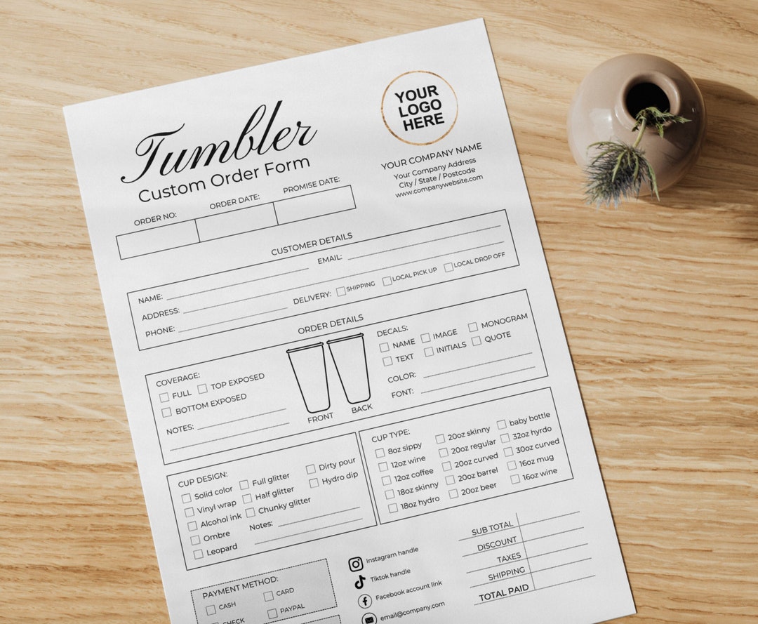 Tumbler Order Form Editable Template, Custom Order Form, Small Business ...