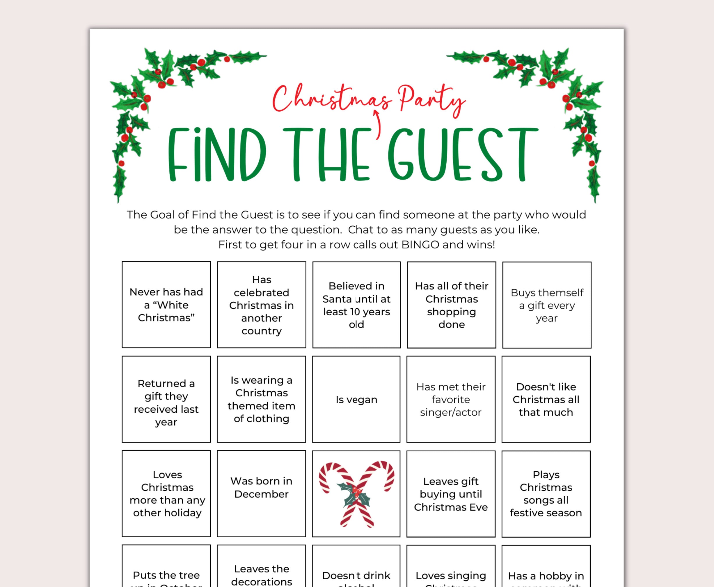 Find the Guest Christmas Game, Find the Guest Bingo, Christmas Party ...