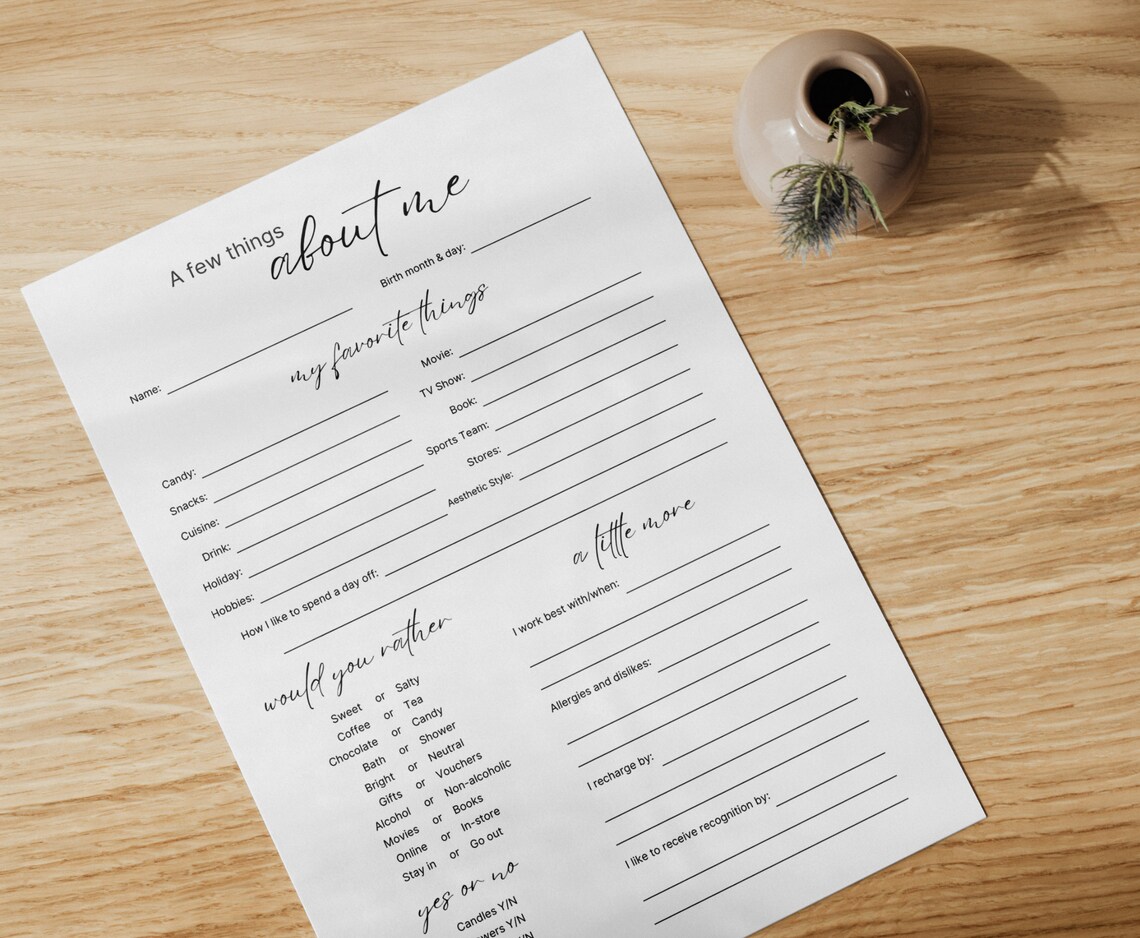 Favorite Things List for Coworkers, Printable Favorites List, Coworker ...