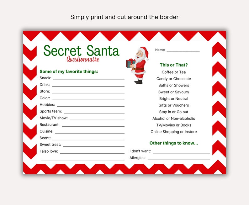 Secret Santa Questionnaire, Gift Exchange, White Elephant, Office Party ...