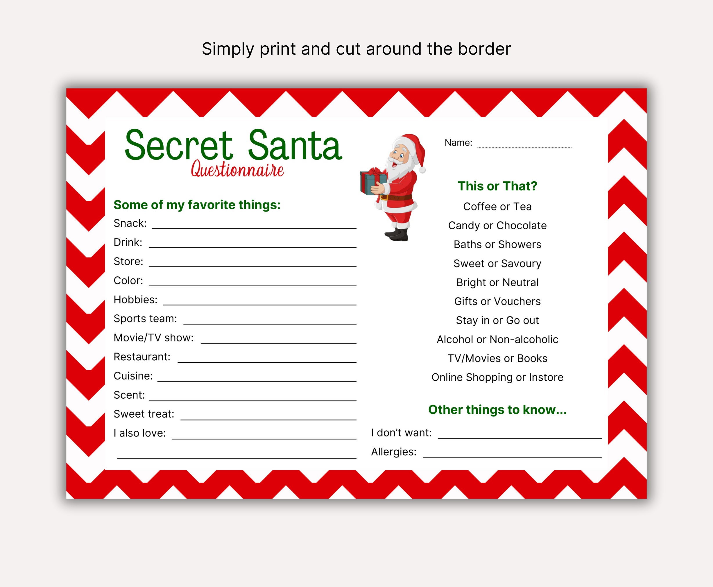 Secret Santa Questionnaire, Gift Exchange, White Elephant, Office Party ...