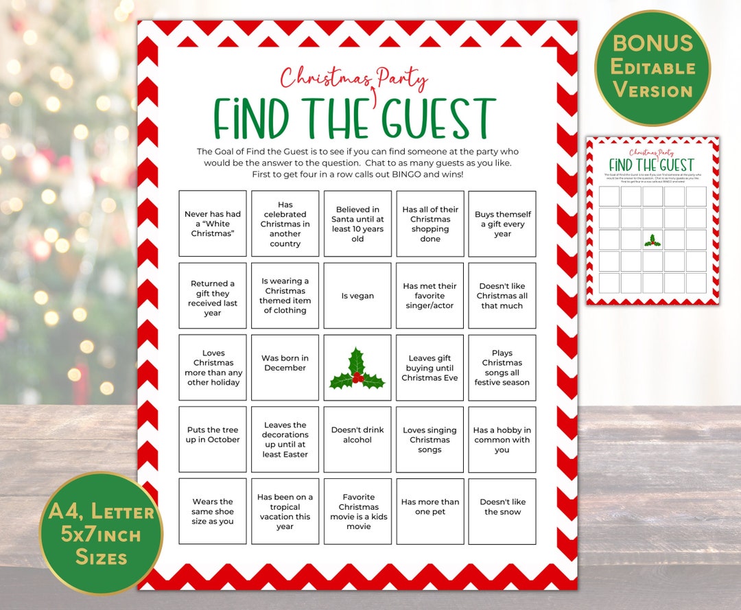 Find the Guest Christmas Game, Find the Guest Bingo, Christmas Party ...