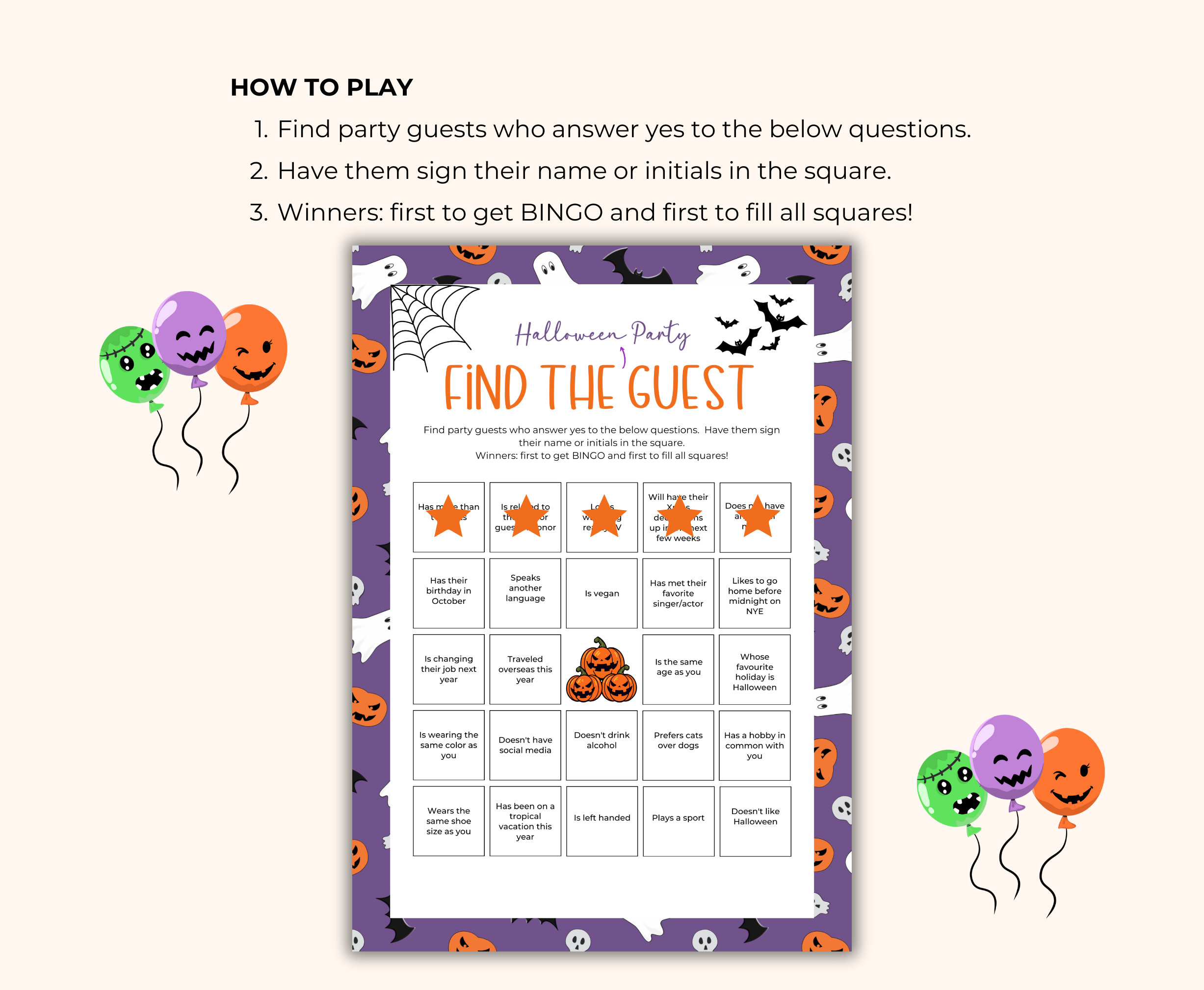 Find the Guest Halloween Game, Find the Guest Bingo, Halloween Party ...