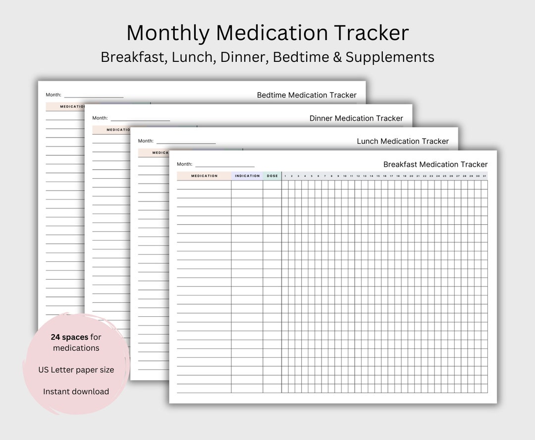 Monthly Medication Tracker for Breakfast Lunch Dinner & Supplements ...