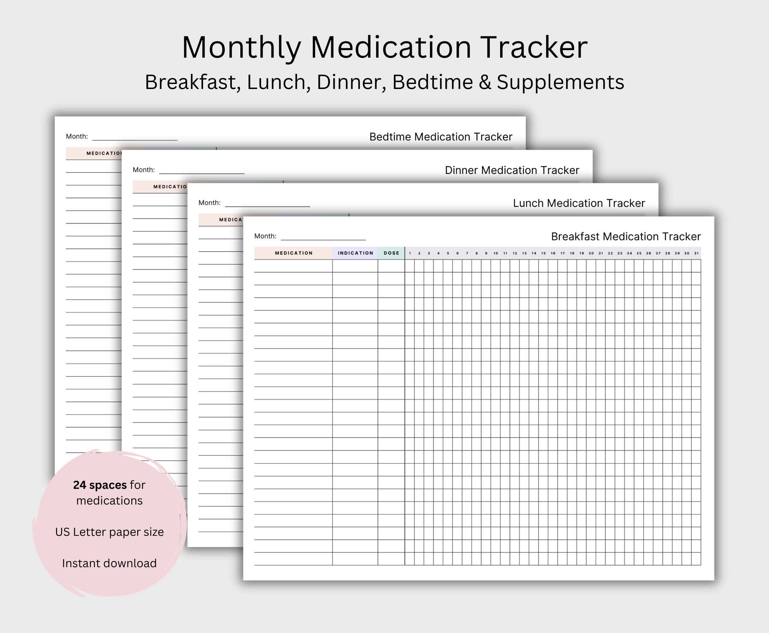 Monthly Medication Tracker for Breakfast Lunch Dinner & Supplements ...