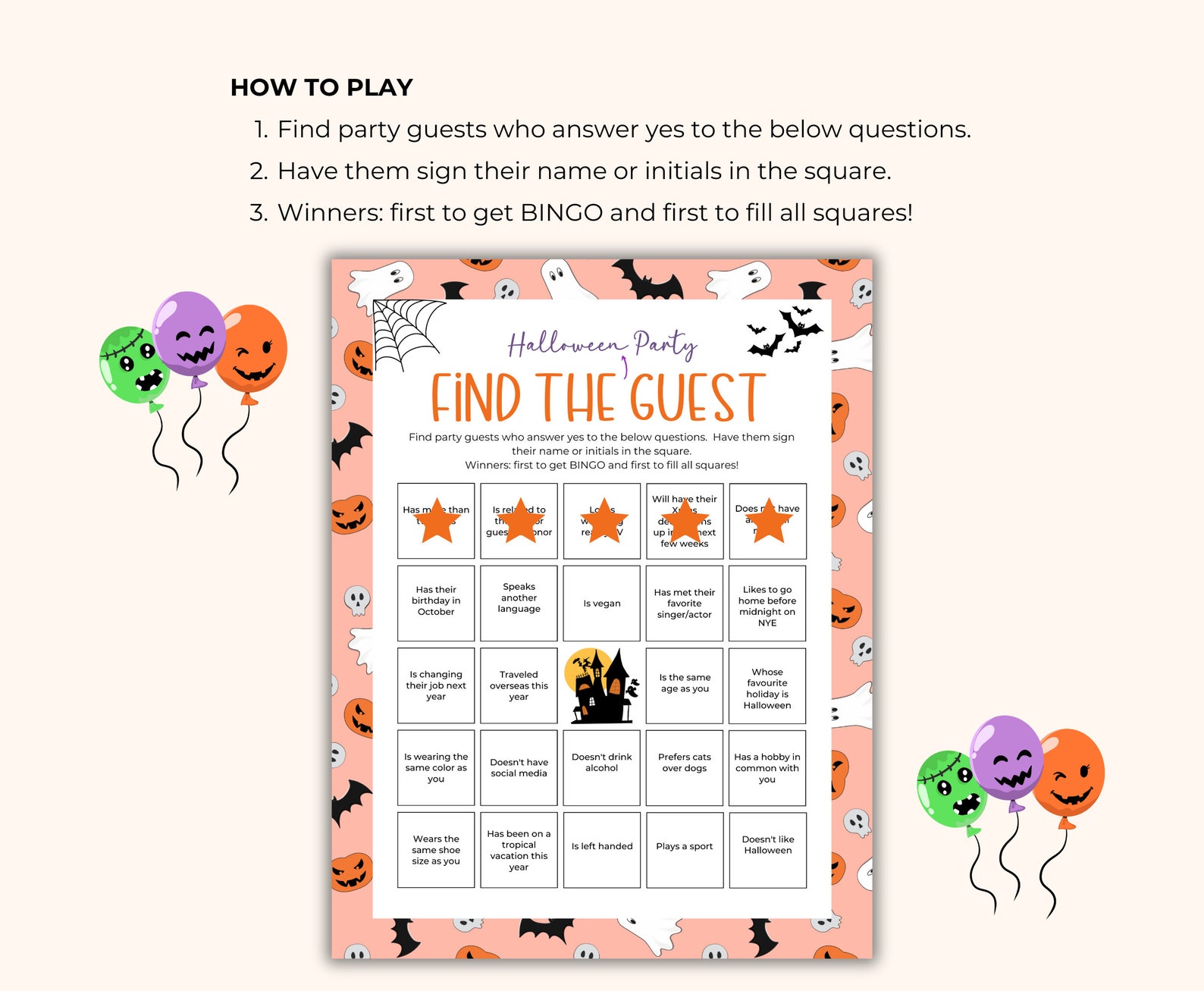 Find the Guest Bingo, Find the Guest Halloween Party Game, Guess the ...