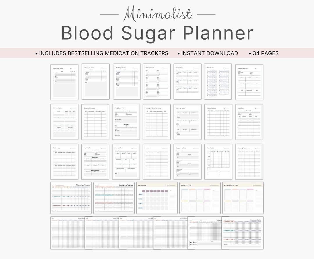 Blood Sugar Log, Printable Diabetes Planner, Medication Tracker, Health ...