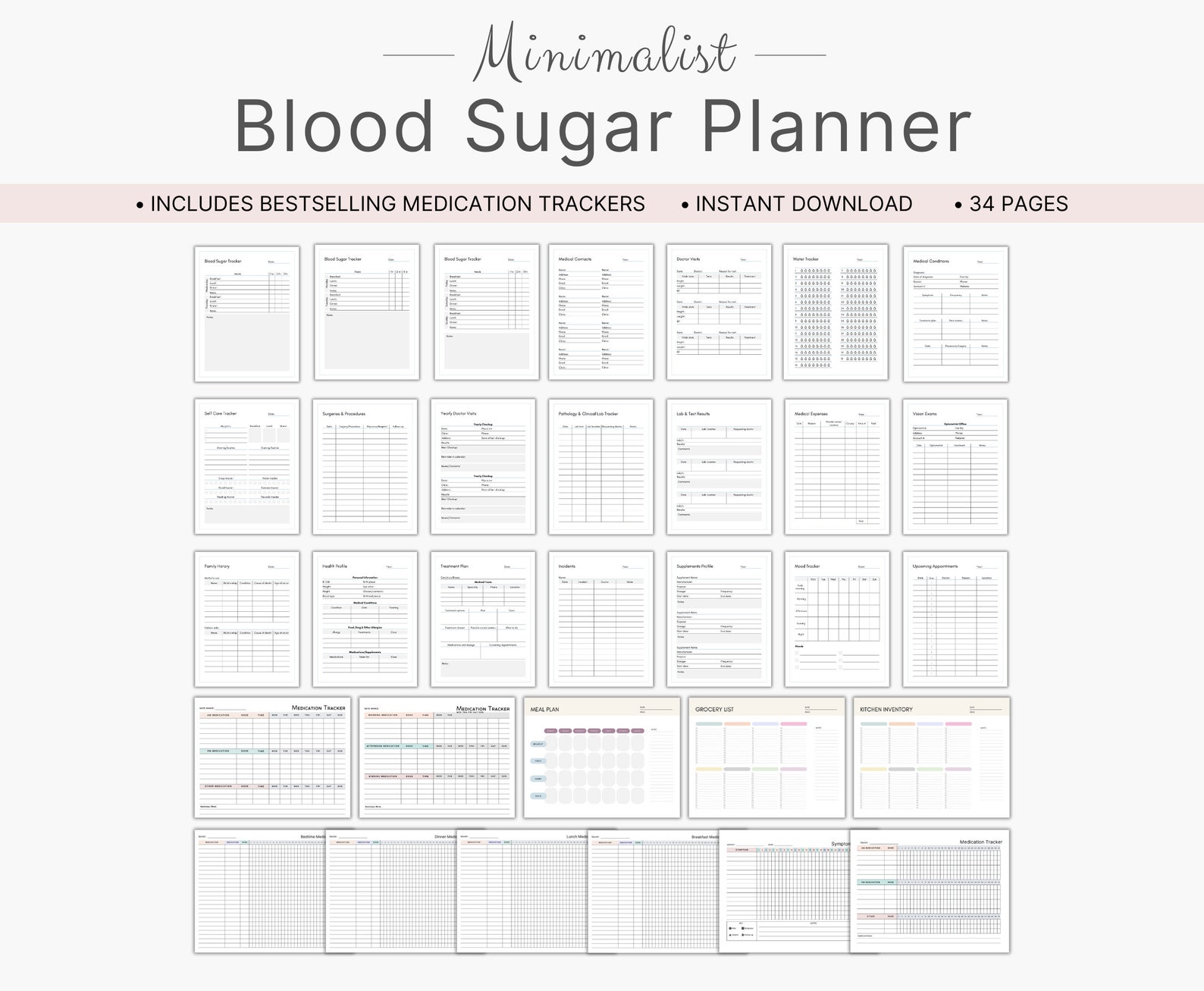 Blood Sugar Log, Printable Diabetes Planner, Medication Tracker, Health ...