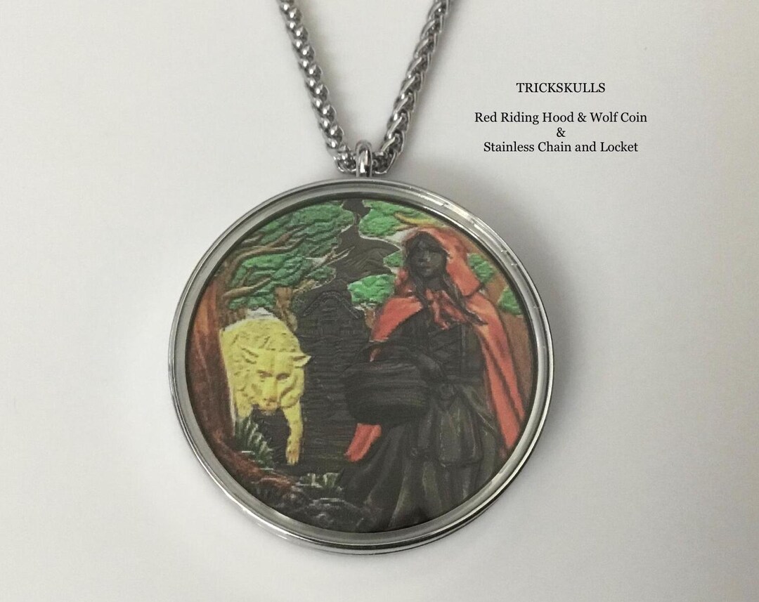 Red Riding Hood Wolf Grimm Enamel Coin With Stainless Steel Locket and ...