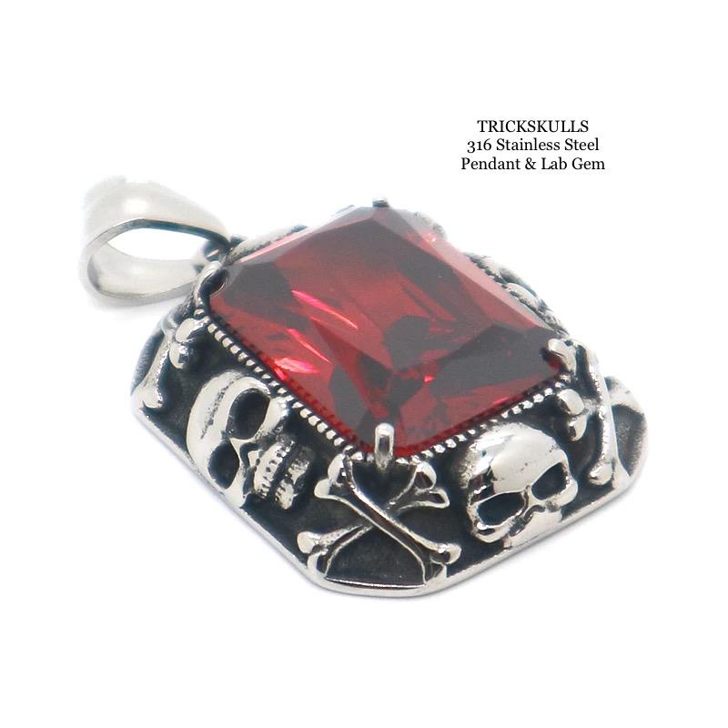 Crossbones Skulls Stainless Steel Red Lab Gem Pendant + 45cm 50cm 55cm ...