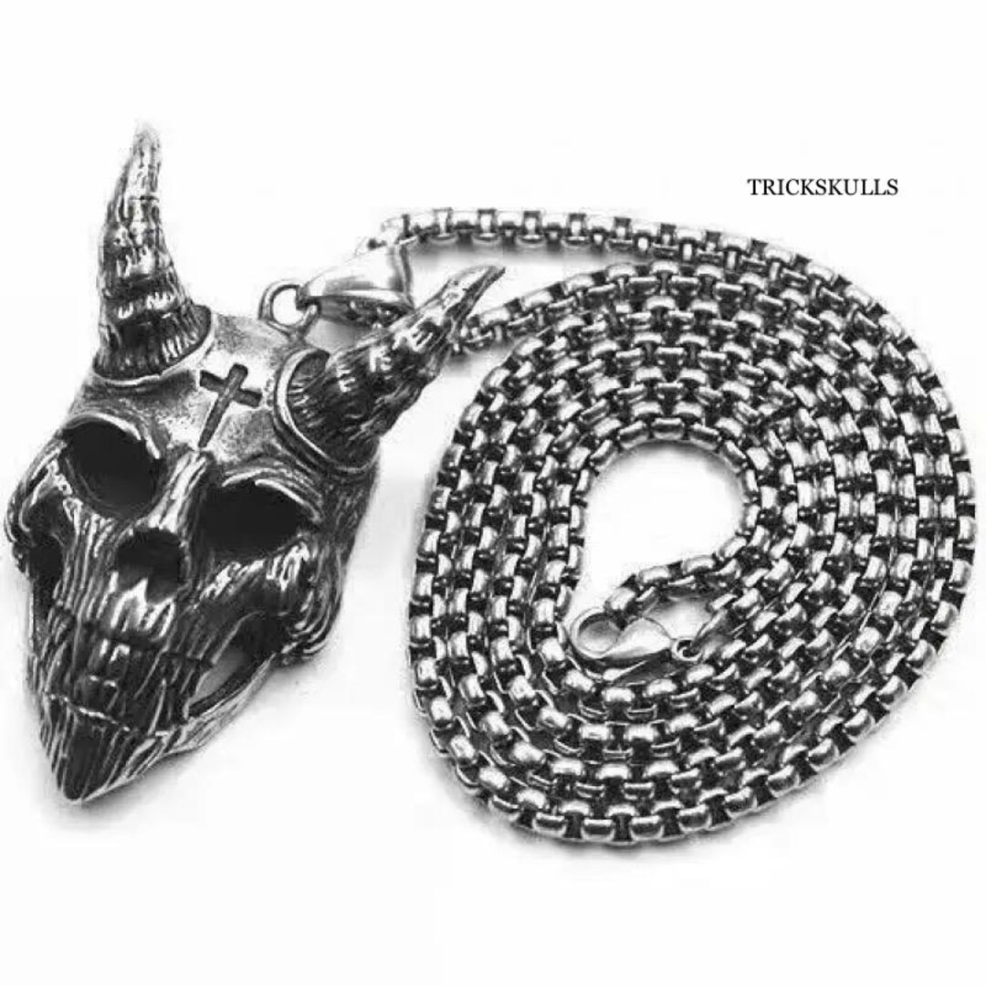 Devil Demon Skull Horns Biker Punk Gothic Pendant 60cm Stainless Round ...