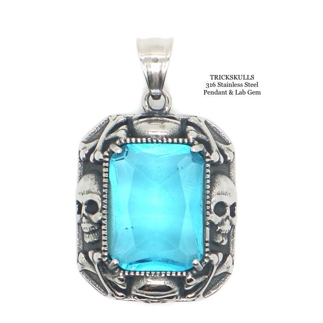 Crossbones Skulls Stainless Steel Blue Lab Gem Pendant + 45cm 50cm 55cm ...