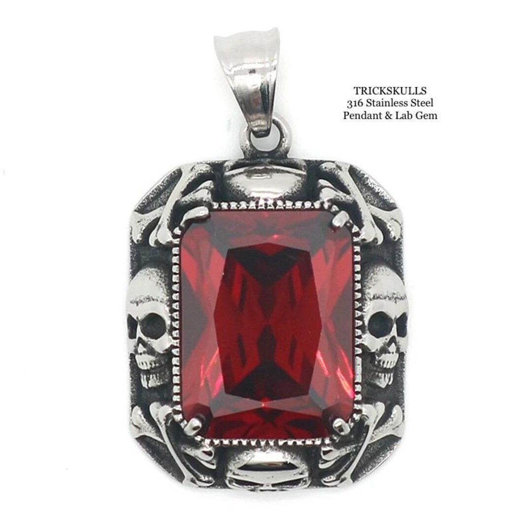 Crossbones Skulls Stainless Steel Red Lab Gem Pendant + 45cm 50cm 55cm ...