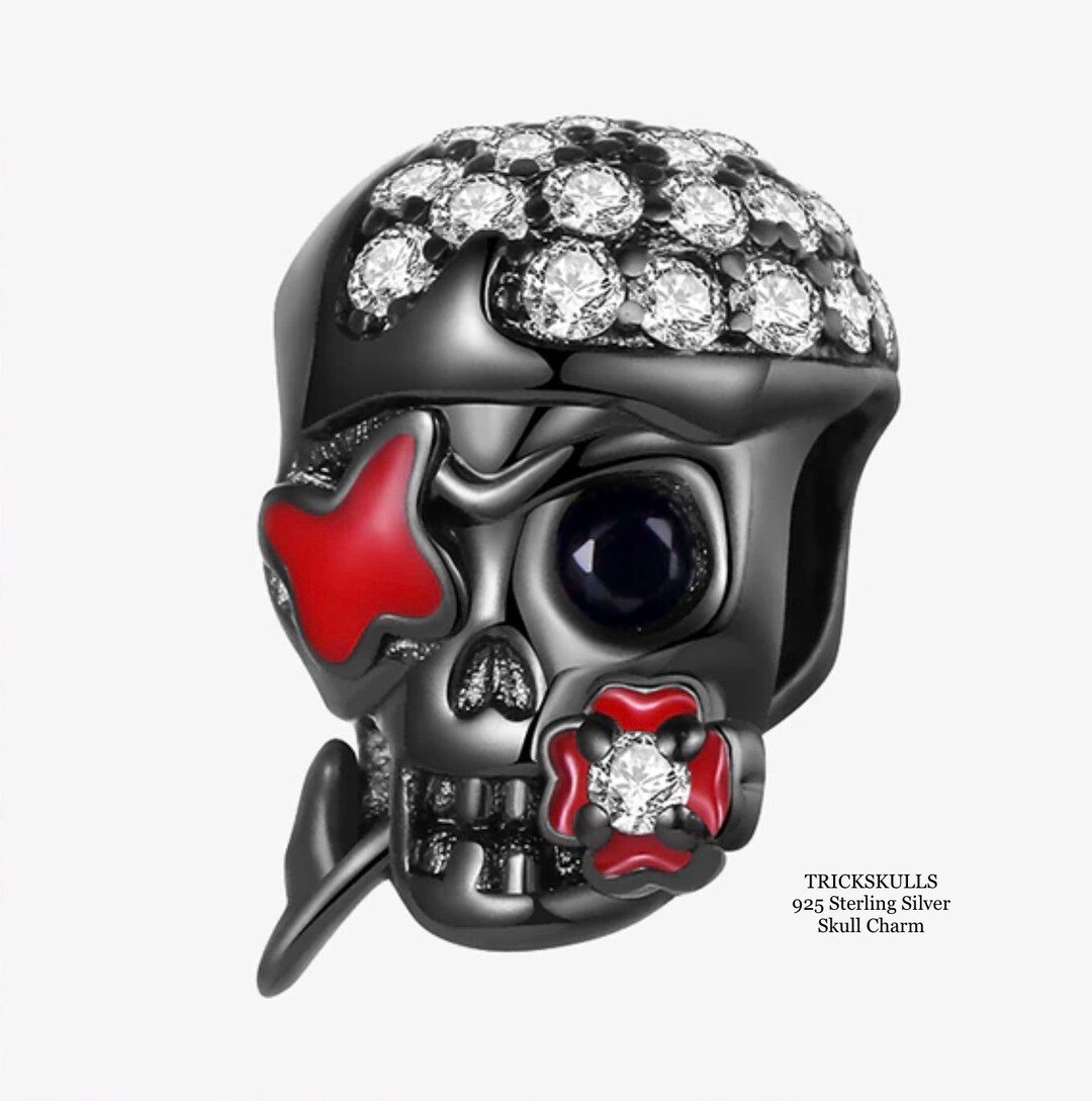 925 Sterling Red Rose Butterfly Pirate Skull Charm & Black Stainless ...