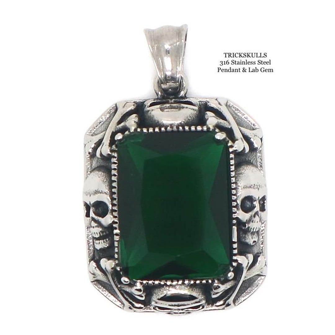 Crossbones Skulls Stainless Steel Green Lab Gem Pendant + 45cm 50cm ...