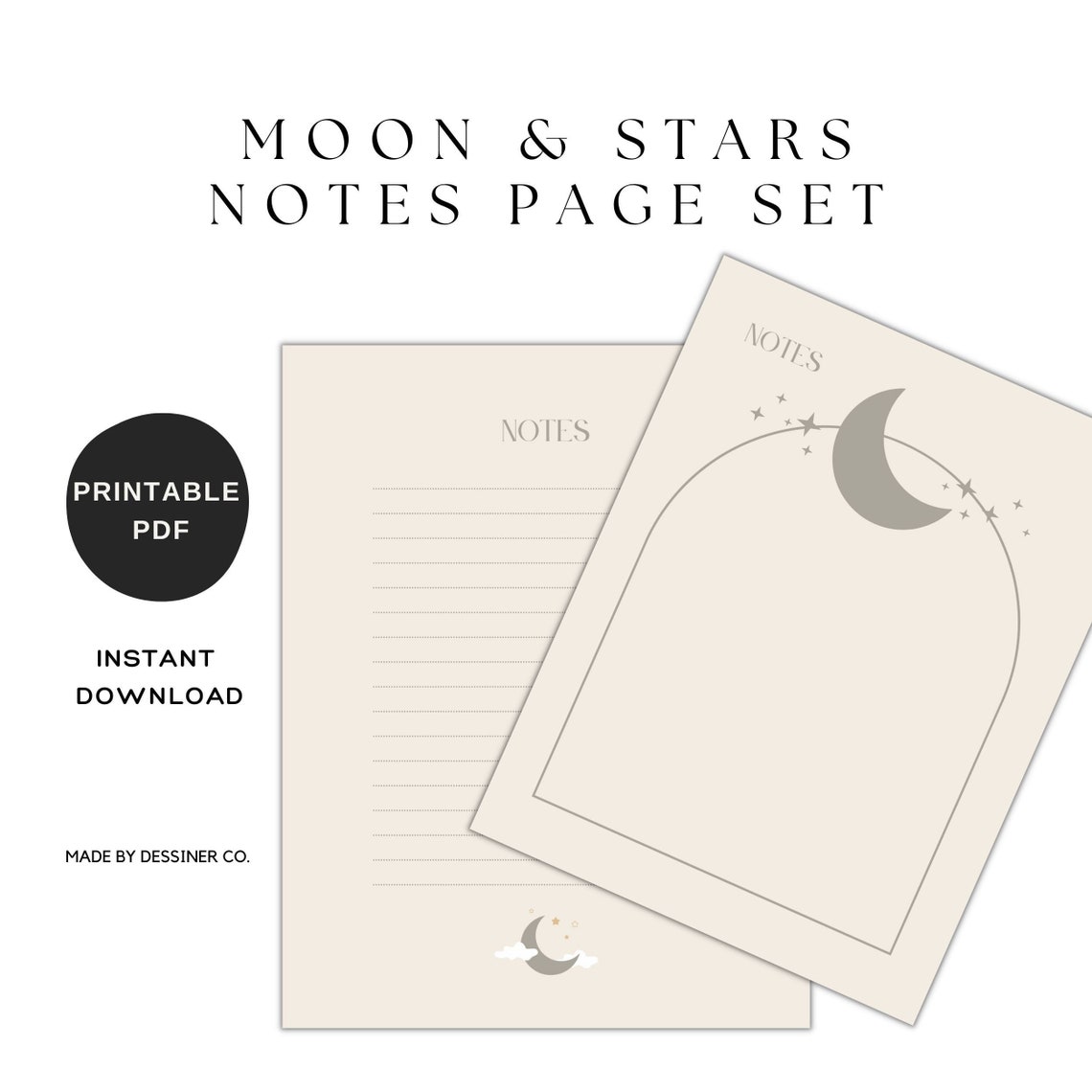 Printable Writing Paper Set of 2, Celestial Moon & Stars Note Paper ...