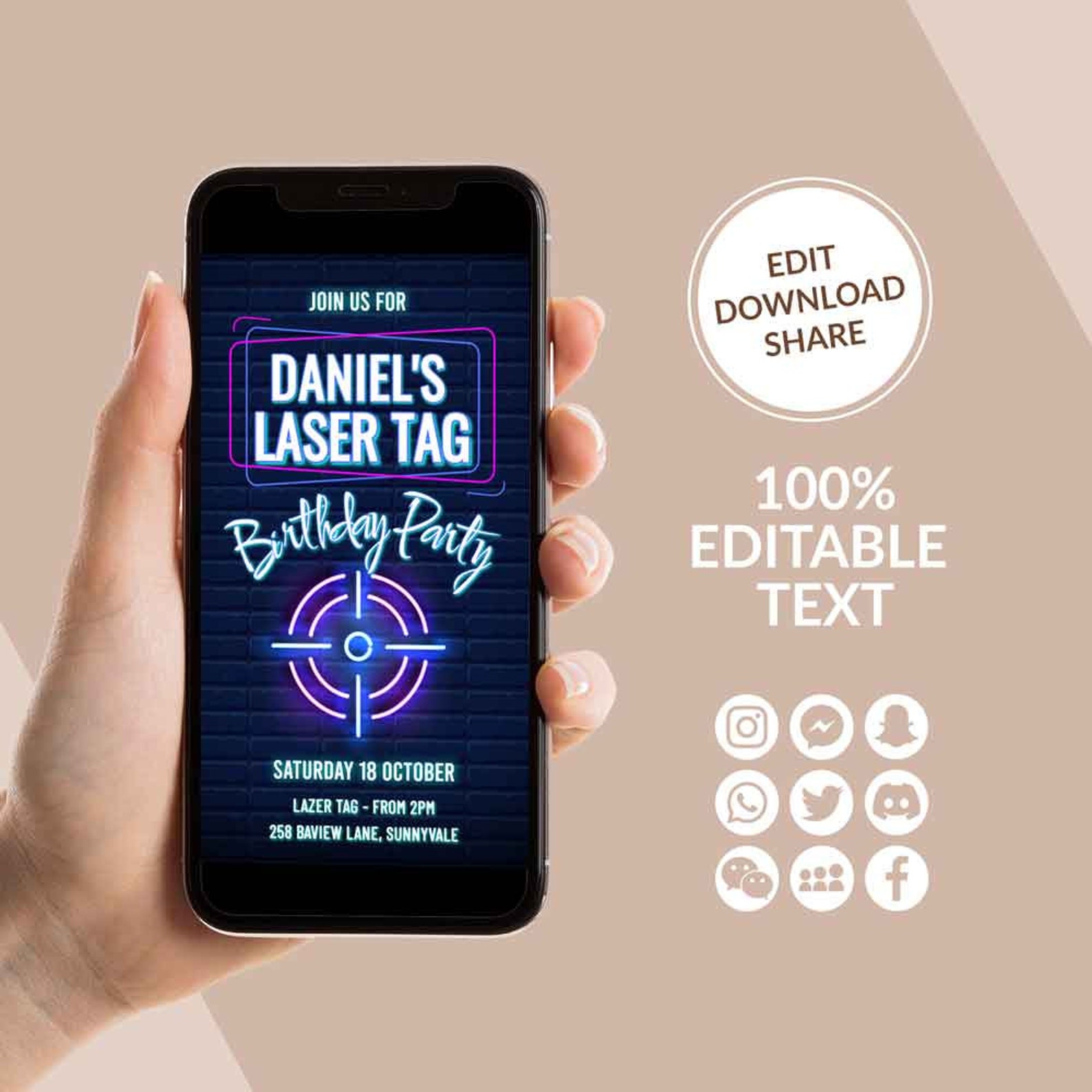 Editable Laser Tag Birthday Invitation, Neon Laser Tag Party Invite ...