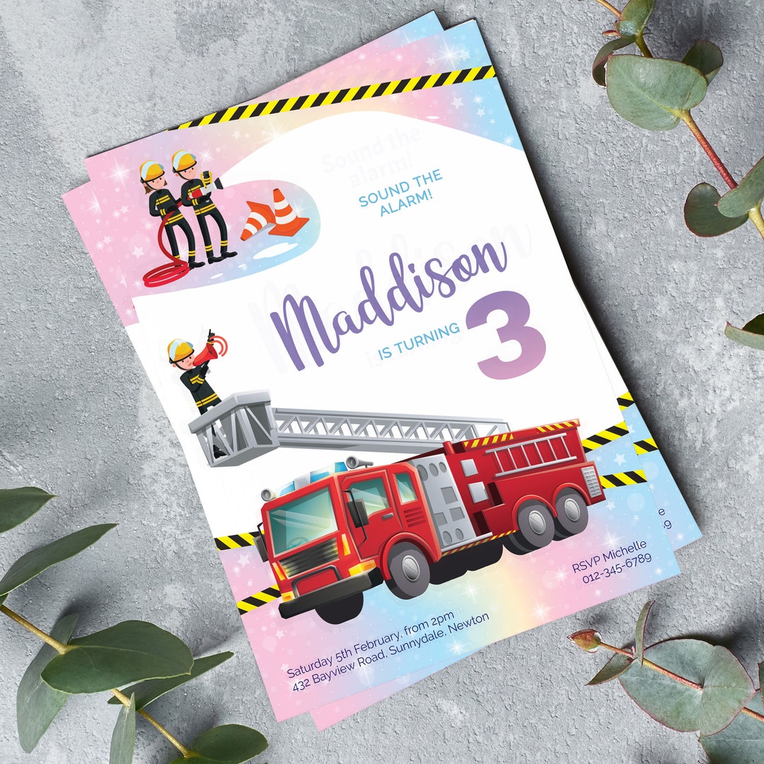 Girls Fire Truck Birthday Invitation: Editable Template (digital ...
