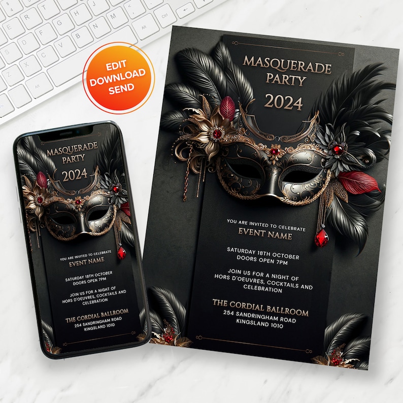 Gold & Red Masquerade Party Invitation: Editable Mask Ball Invite ...