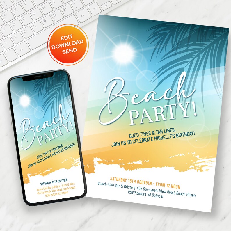 Beach Party Invitation, Beach Birthday Party Invite, Beach Theme Party ...