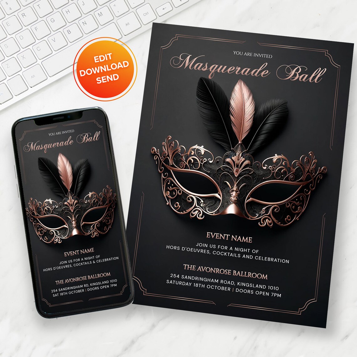 Rose Gold Masquerade Ball Invitation: Editable Mask Party Invite ...
