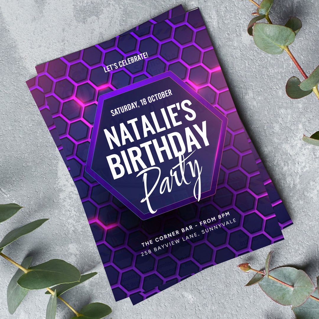 Neon Birthday Invitation: Purple Techno Party, Editable Template ...