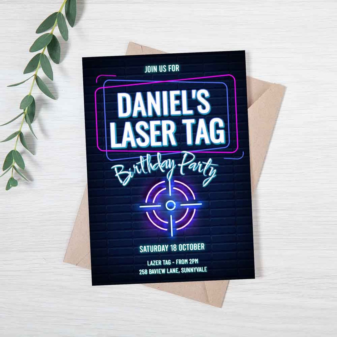 Editable Laser Tag Birthday Invitation, Neon Laser Tag Party Invite ...