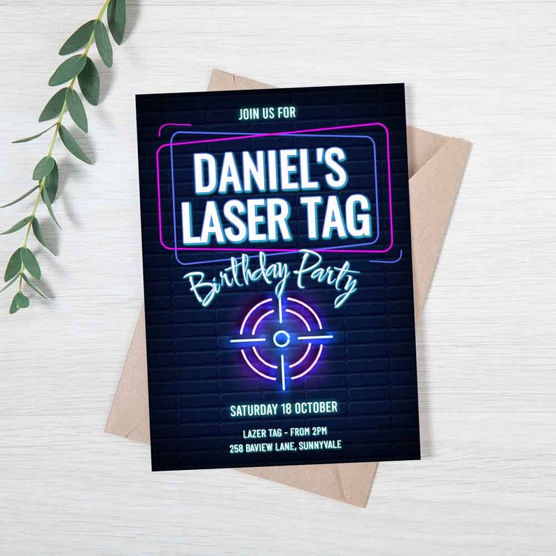 Editable Laser Tag Birthday Invitation, Neon Laser Tag Party Invite ...