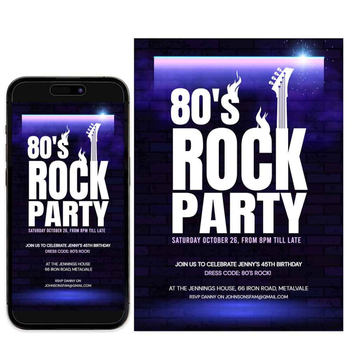 80s Rock and Roll Birthday Invite, Rock Birthday Invite, Editable ...