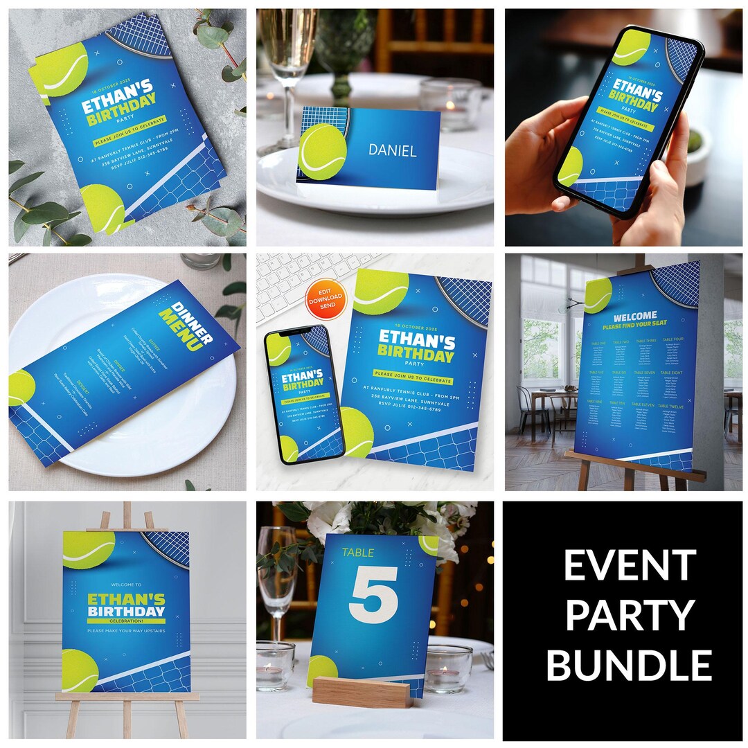 Tennis Party Bundle | Editable Birthday Event Pack | Invitations, Menus ...