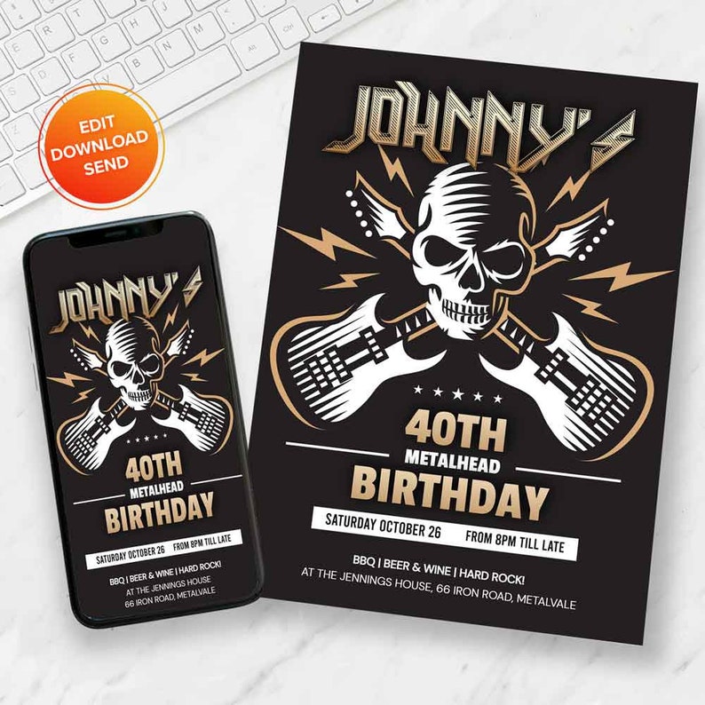 Heavy Metal Birthday Invite: Skull & Guitars, Editable Template - Etsy