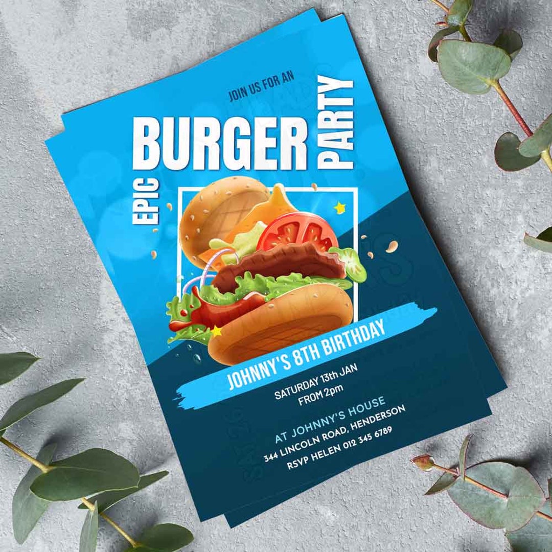 Epic Burger Party Invitation, Hamburger Birthday Invite With Free Gift ...